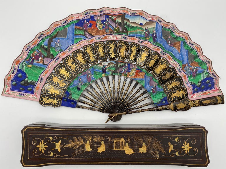 19th Century Chinese Gilt Lacquer Fan with Mother of Pearl Faces and ...