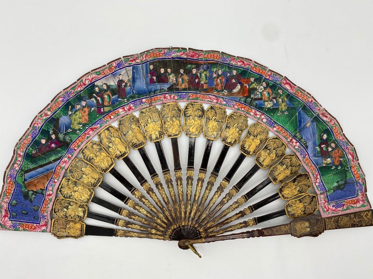 19th Century Chinese Gilt Lacquer Fan with Mother of Pearl Faces and ...