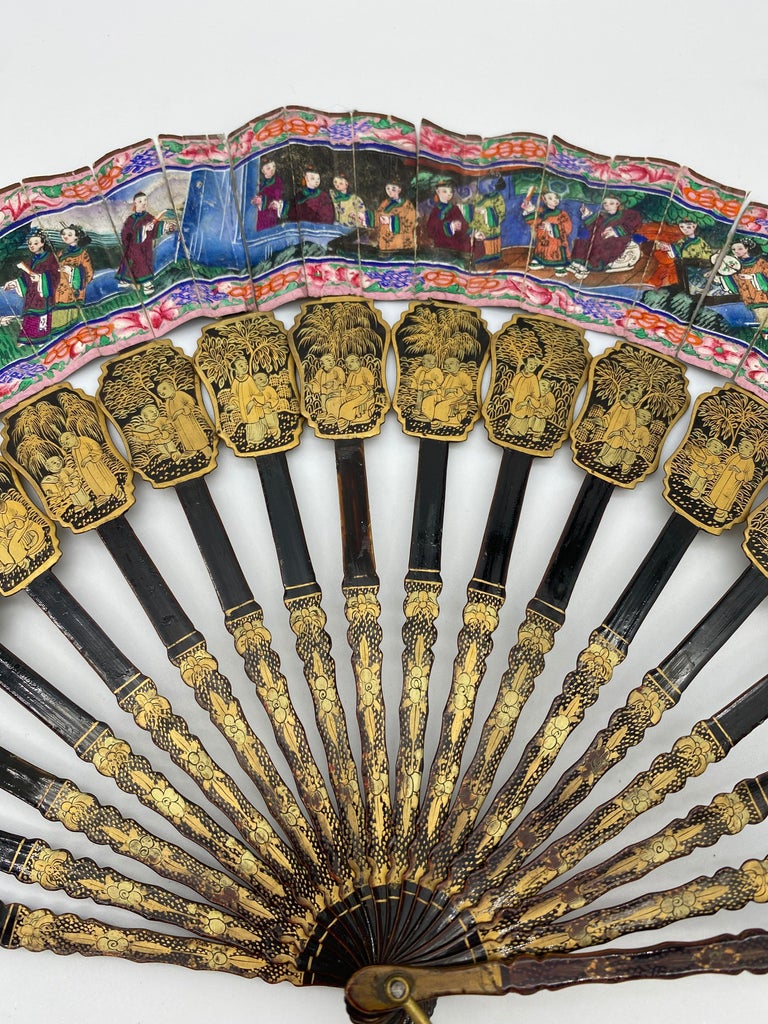 19th Century Chinese Gilt Lacquer Fan with Mother of Pearl Faces and ...