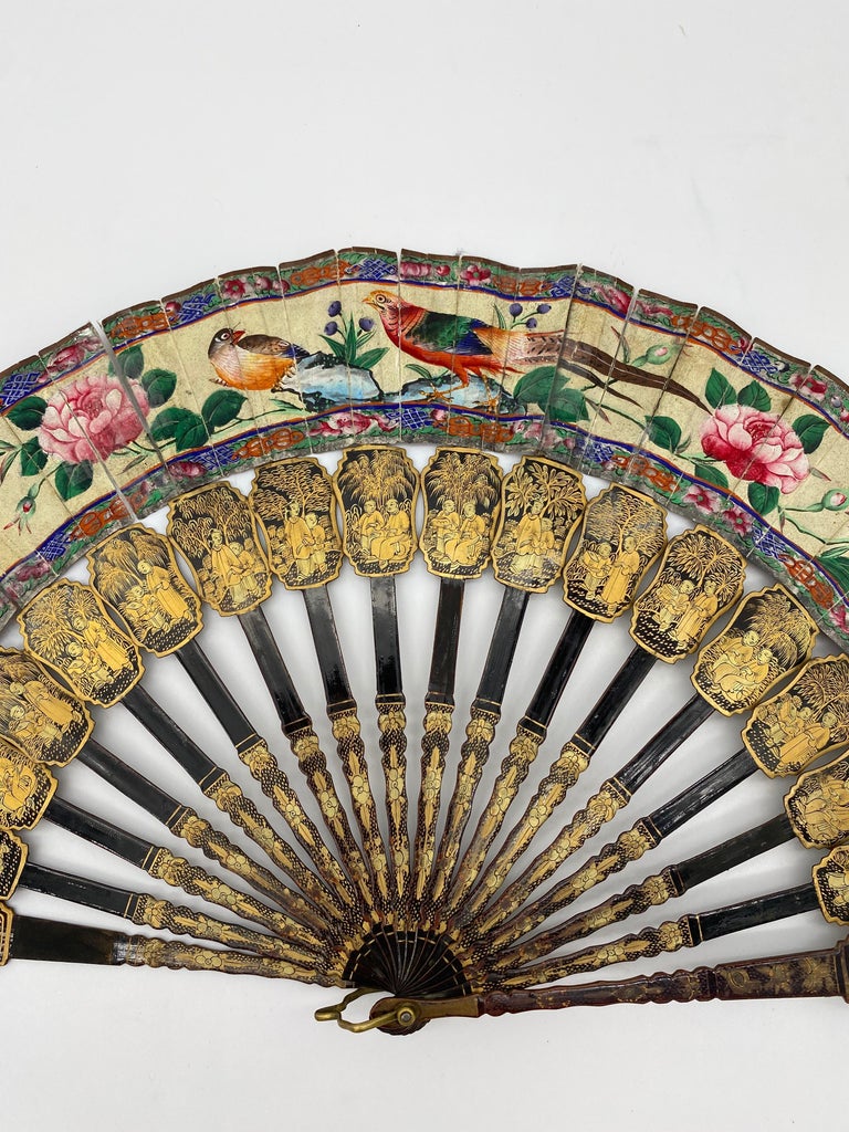 19th Century Chinese Gilt Lacquer Fan with Mother of Pearl Faces and ...