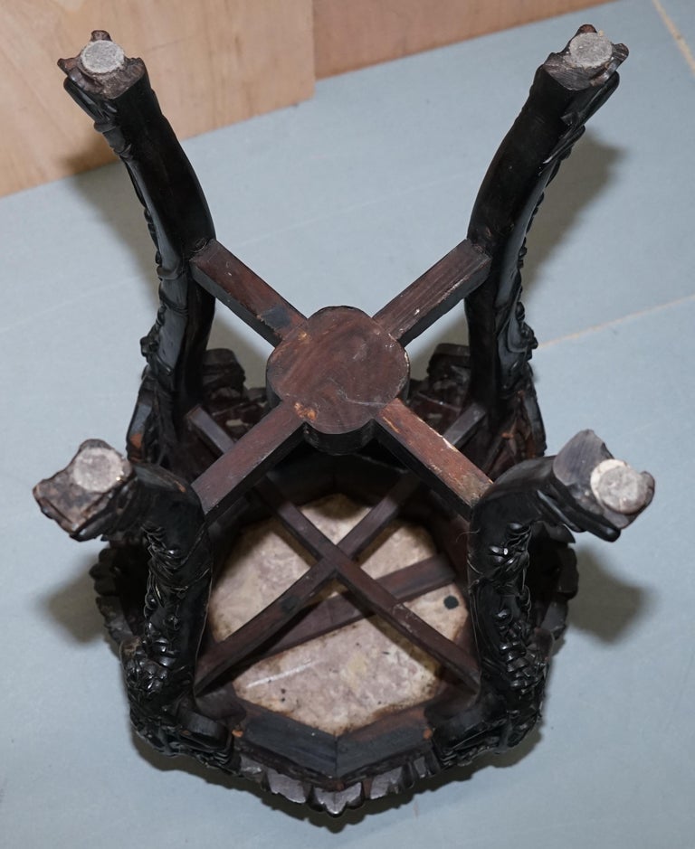 19th Century Chinese Hand Carved Wood, Marble Topped Ebonised Stand ...