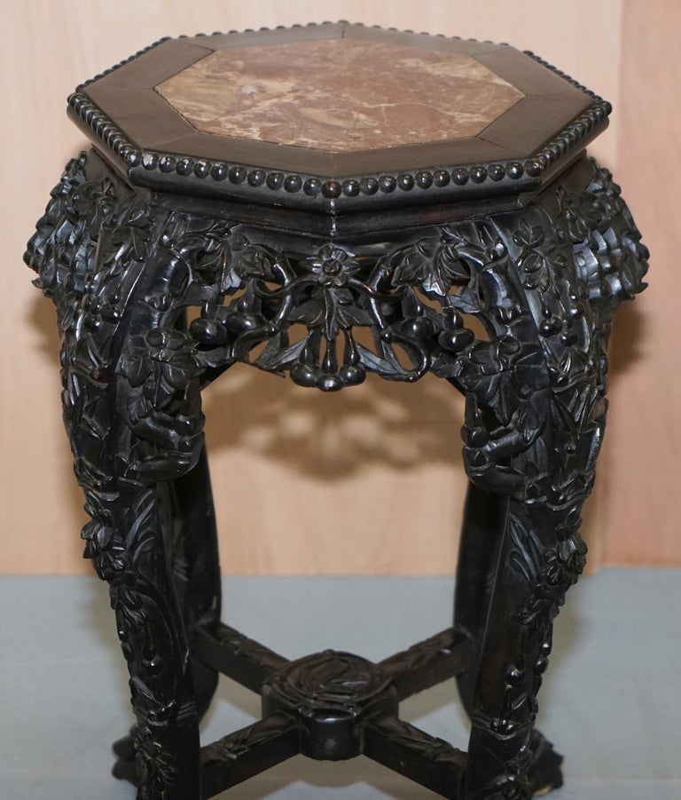19th Century Chinese Hand Carved Wood, Marble Topped Ebonised Stand ...