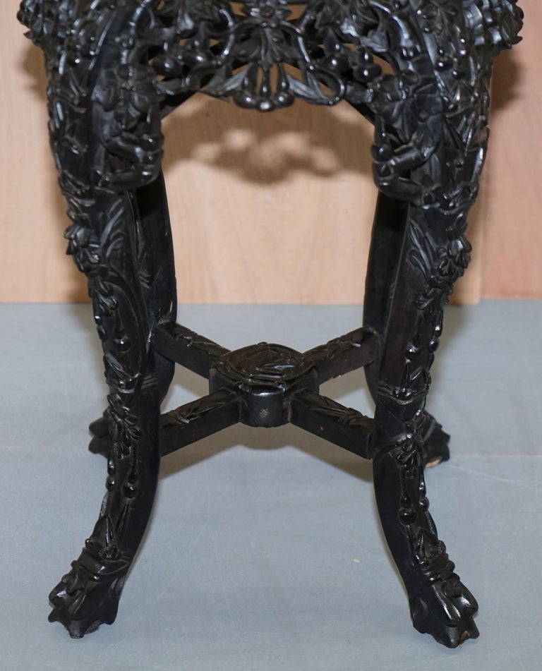 19th Century Chinese Hand Carved Wood, Marble Topped Ebonised Stand ...