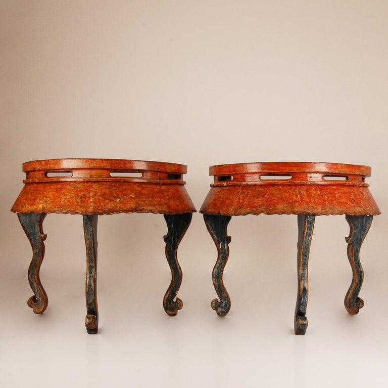 19th Century Demi Lune Tables Chinese Ming Style Blue and Red Elmwood a ...