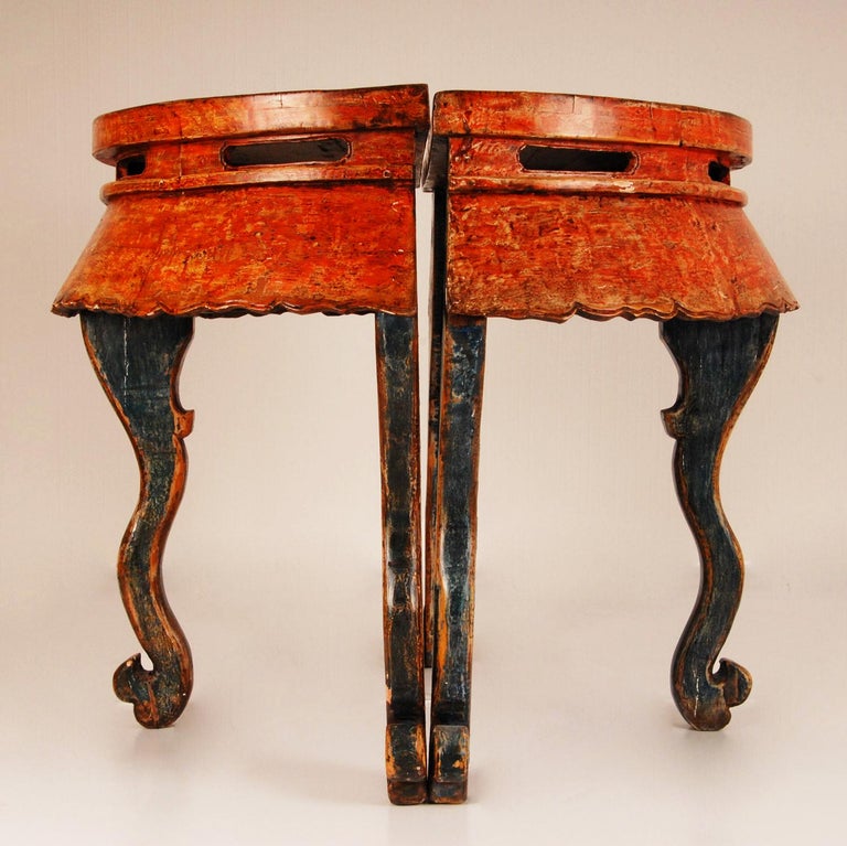 Victorian Chinese Ming Style Blue and Red Elmwood Demi Lune Tables a ...