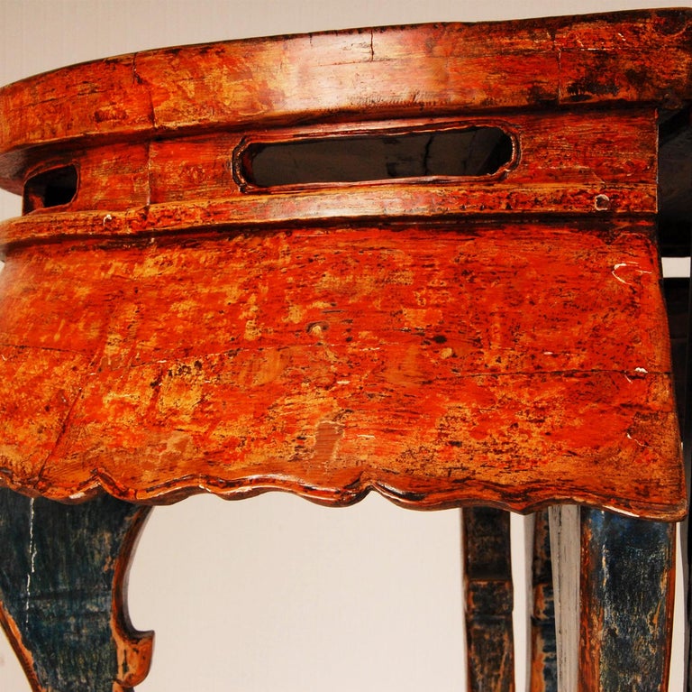 Victorian Chinese Ming Style Blue and Red Elmwood Demi Lune Tables a ...