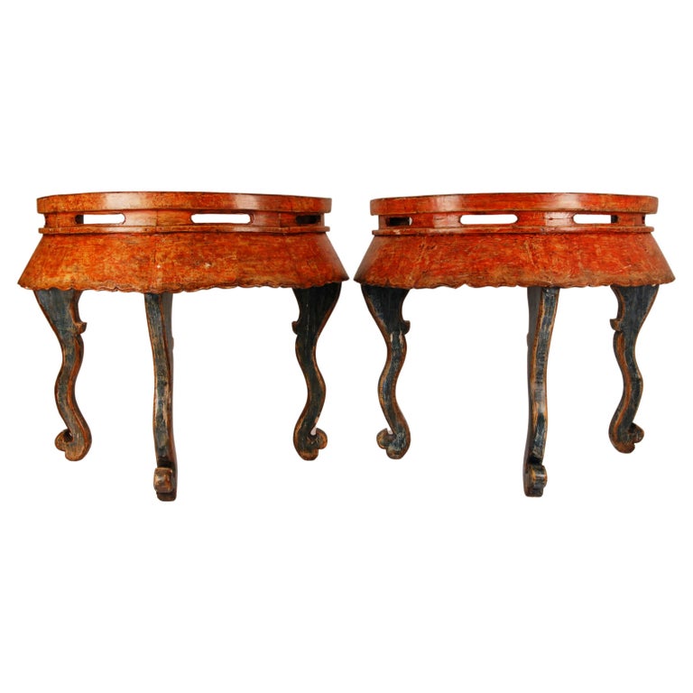 19th Century Demi Lune Tables Chinese Ming Style Blue and Red Elmwood a ...