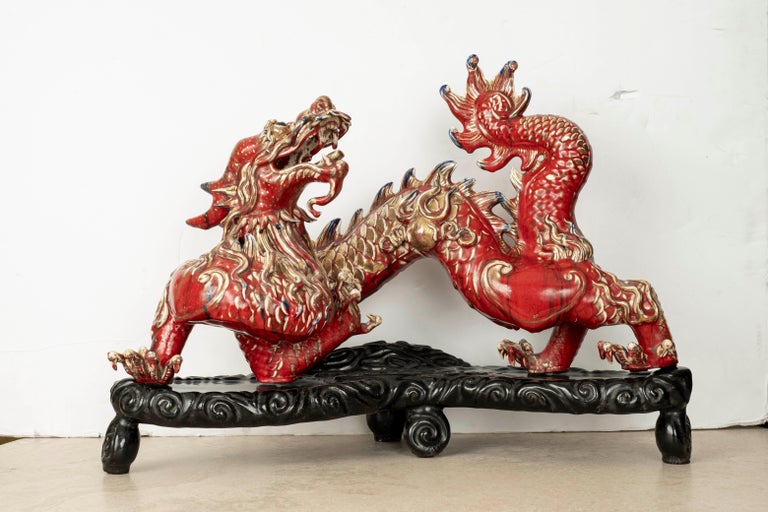 19th Century Chinese Porcelain Dragon Sculpture on Stand at 1stDibs