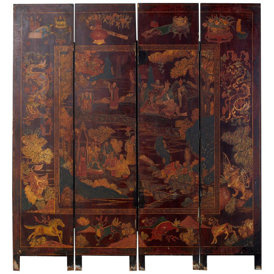 Four Panel Chinese Lacquered Screen Depicting a Phoenix at 1stDibs