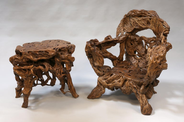 18th and 19th Century Chinese Root Wood Art Chairs and Table Set For ...