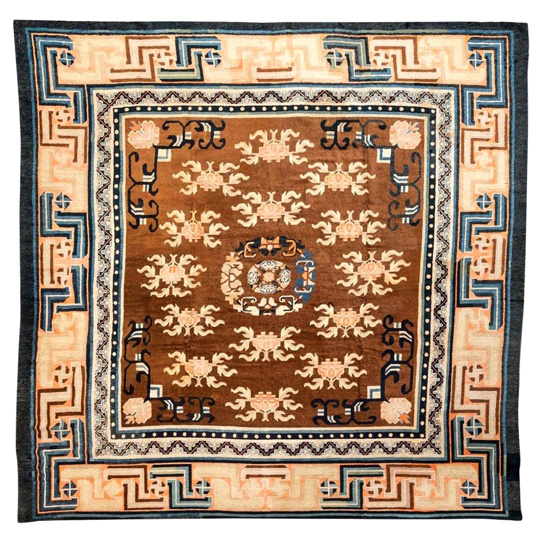 19th Century Brown and Blue Stylized Rosette Gul Chinese Khotan Rug ...