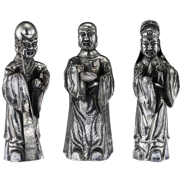19th Century Chinese Solid Silver Set of Three Immortal Figures, circa ...