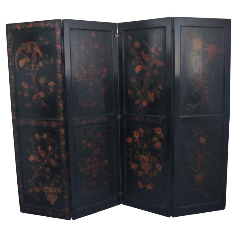 19th Century Chinoiserie and Black Lacquered Four Panel Screen For Sale ...