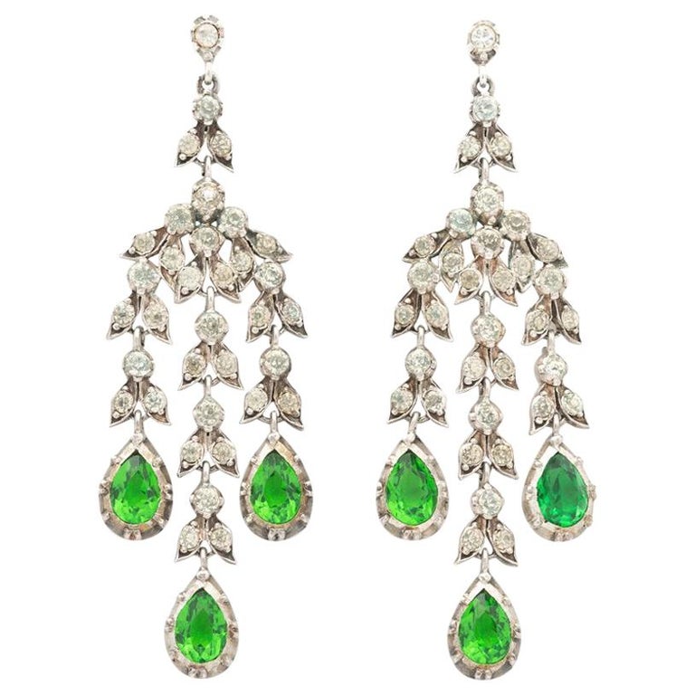 19th Century Clear and Emerald Paste Girandole Chandelier Earrings For ...