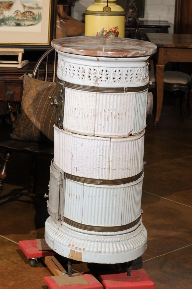19th Century Continental White Glazed Ceramic Coal Burner with Marble ...