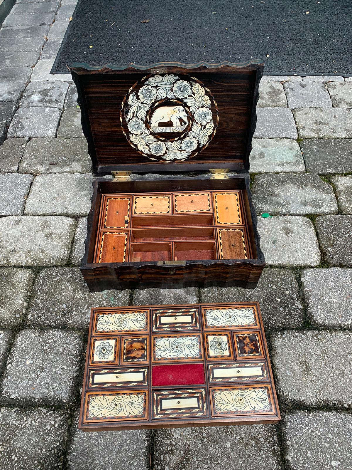 19th Century Coromandel Wood Work Box with Inlaid Elephant Design at ...