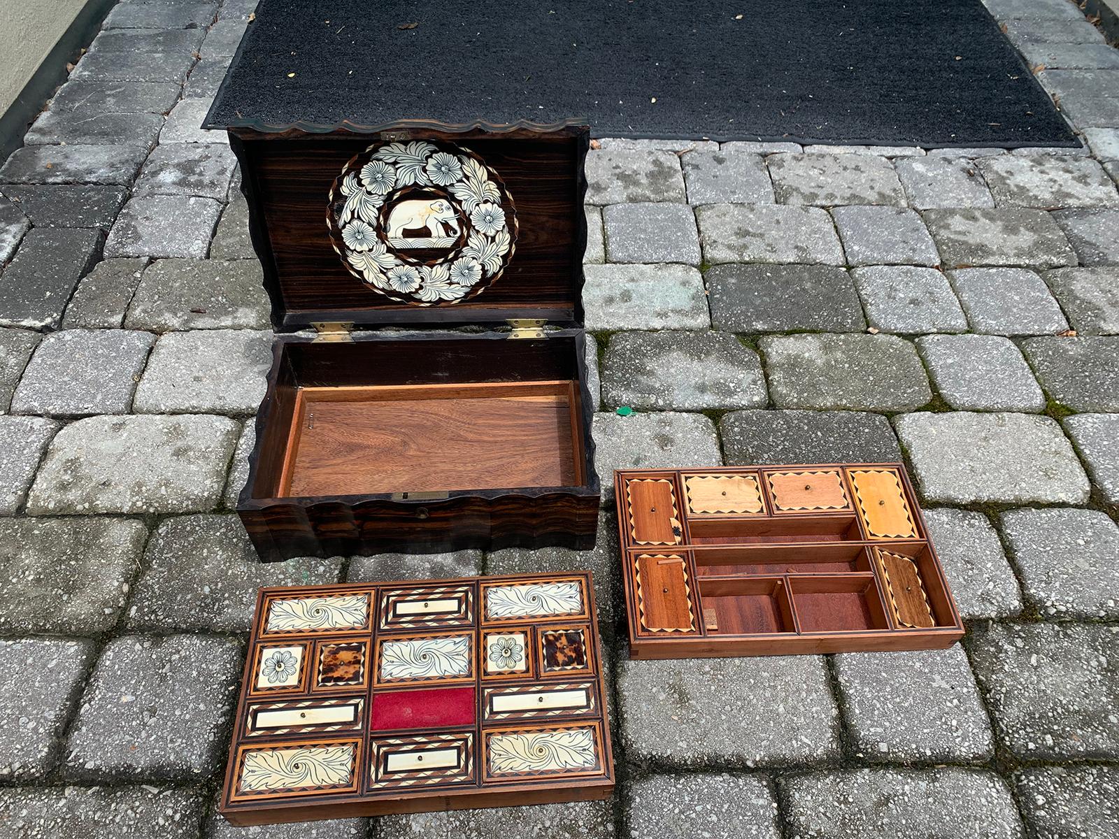 19th Century Coromandel Wood Work Box with Inlaid Elephant Design at ...