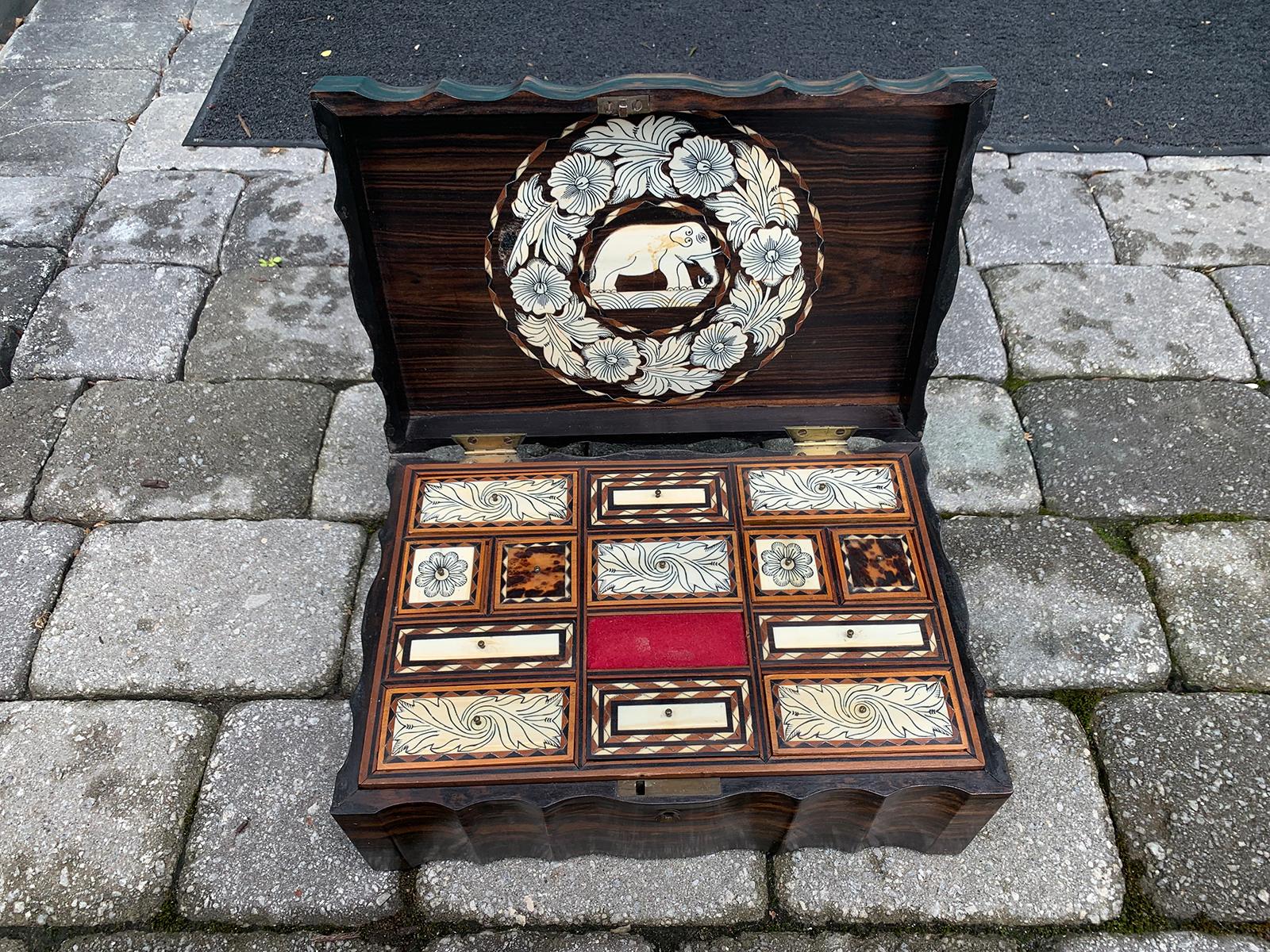 19th Century Coromandel Wood Work Box with Inlaid Elephant Design at ...