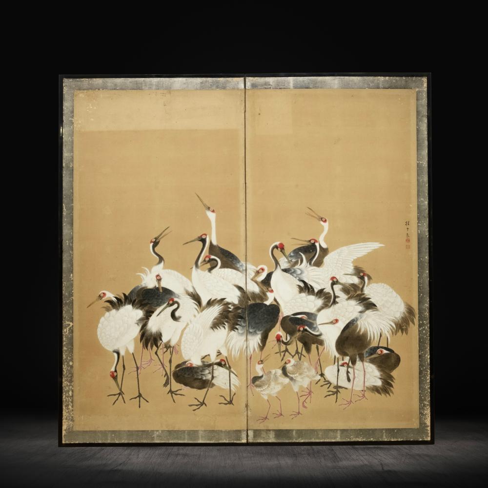 19th Century Crane Screen by Masuda Keido (1810-1875) For Sale at 1stDibs