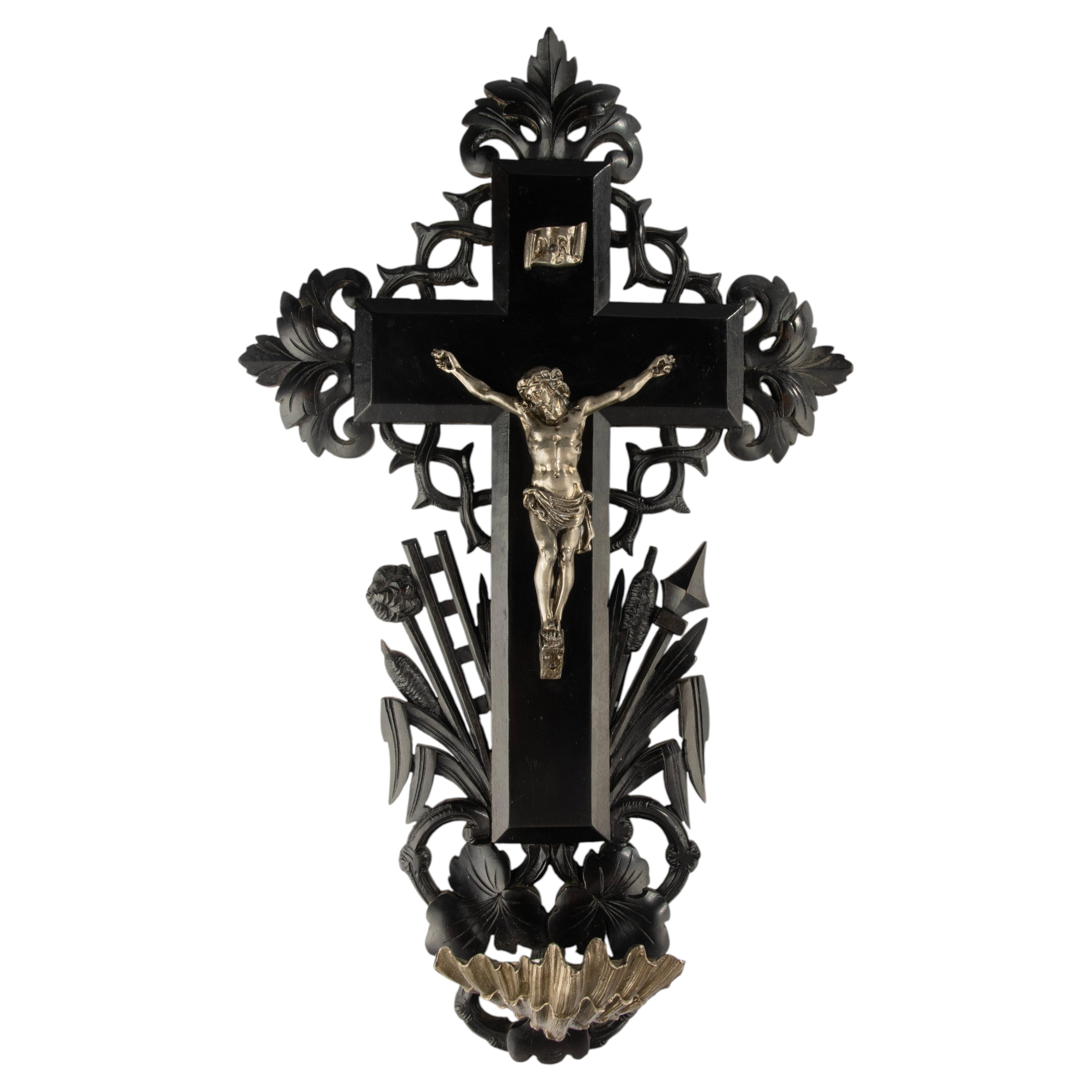 19th Century Crucifix - Carved Wood - Silvered Christ Figure - Holy ...