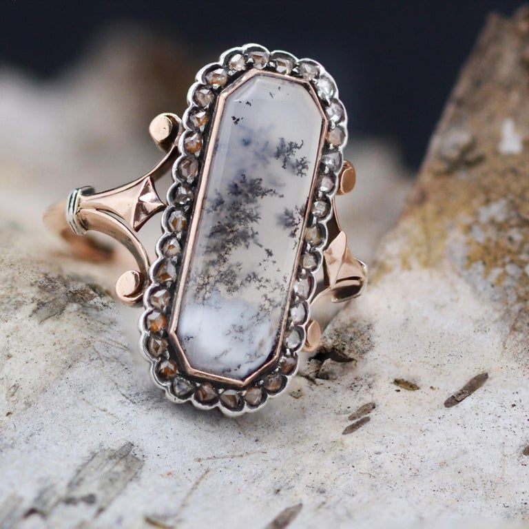 19th Century Dendrite Agate Diamonds 18 Karat Rose Gold Silver Ring For ...