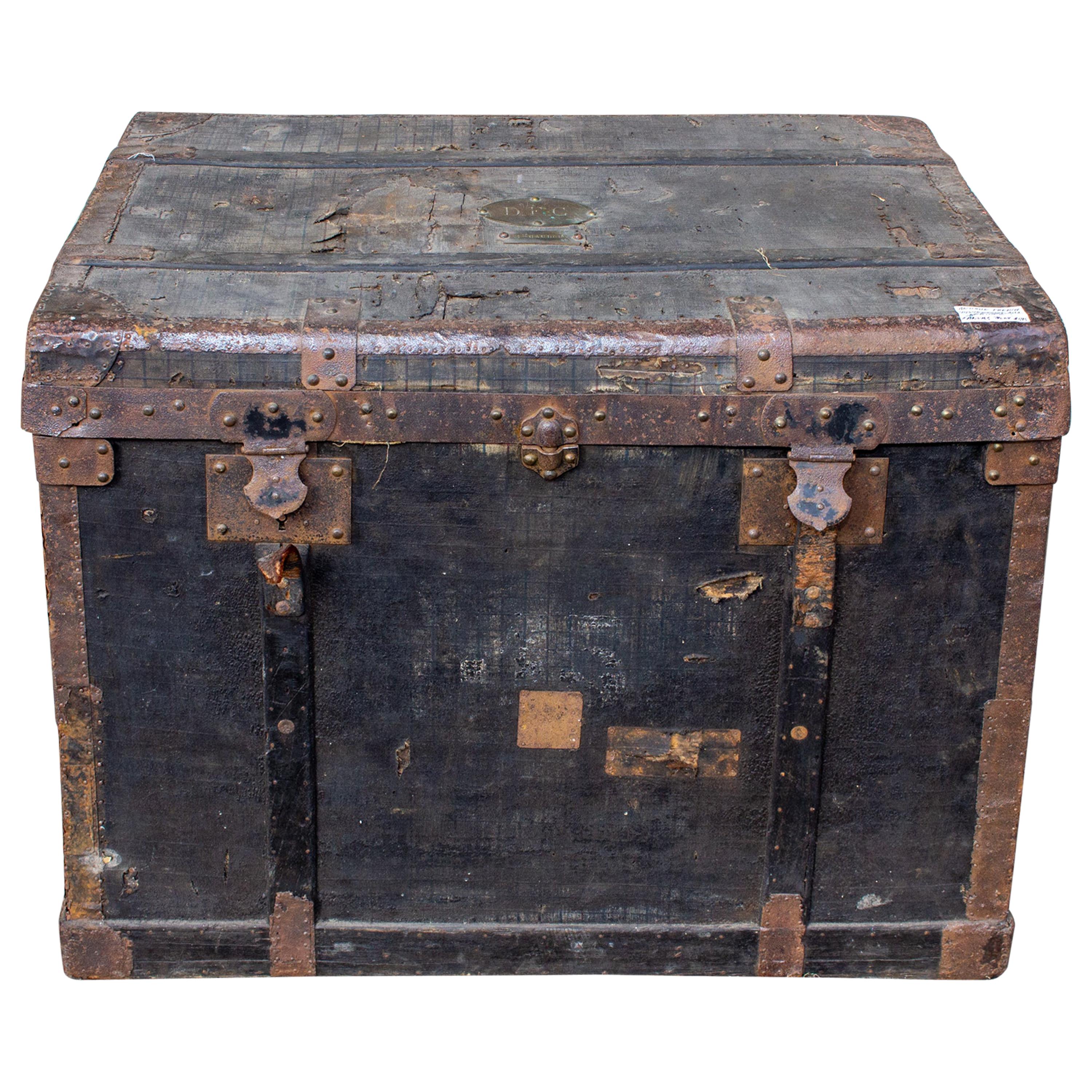 19th Century Distressed Black Canvas and Leather Trunk with Monogrammed ...
