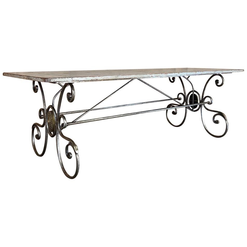 Parquetry Dining Table with Wrought Iron Base at 1stDibs