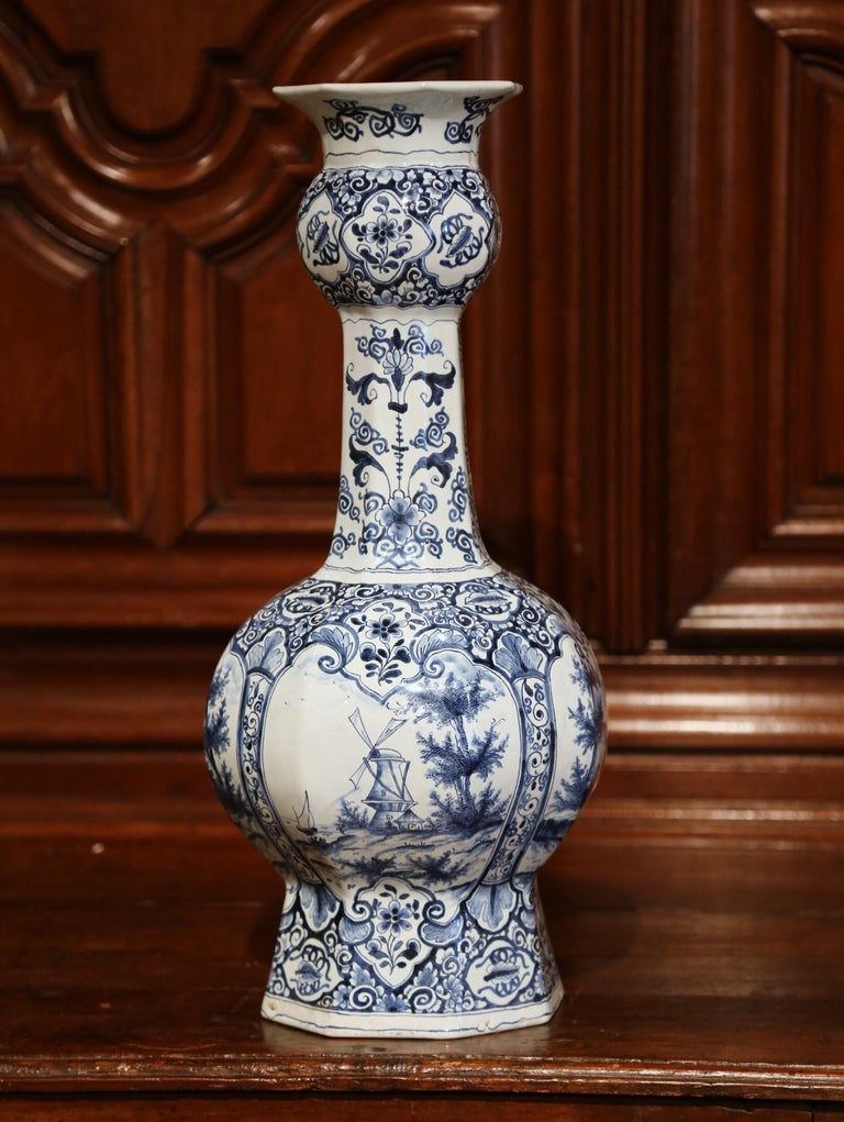 19th Century Dutch Blue and White Delft Vase with Courting and Windmill ...