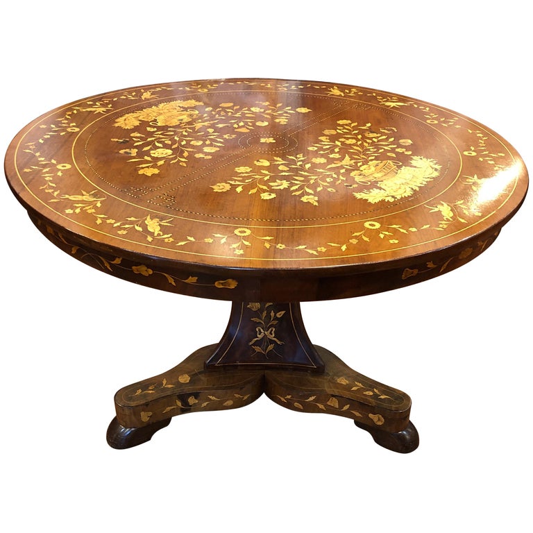 19th Century Dutch Charles X Mahogany Inlay Round Table, 1830s at 1stDibs