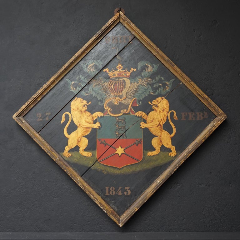 19th Century Dutch Polychrome Painted Wooden Funerary Hatchment or ...