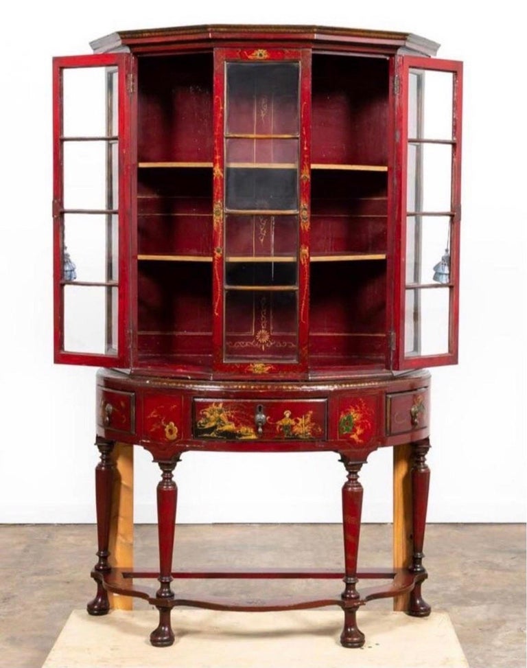 19th Century Dutch Red Japanned Chinoiserie Painted Five Sided Vitrine ...