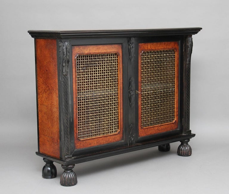 19th Century Ceylonese ebony and amboyna cabinet with brass grill doors ...