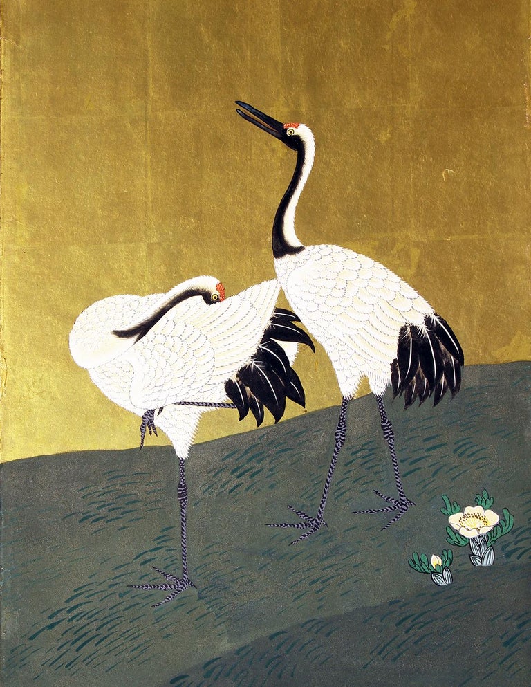 19th Century, Edo Japanese Folding Screen Six Panels Gold Leaf For Sale ...