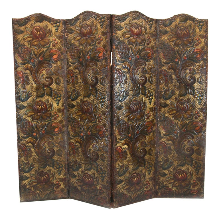 19th Century Embossed Leather Four Fold Screen For Sale at 1stDibs