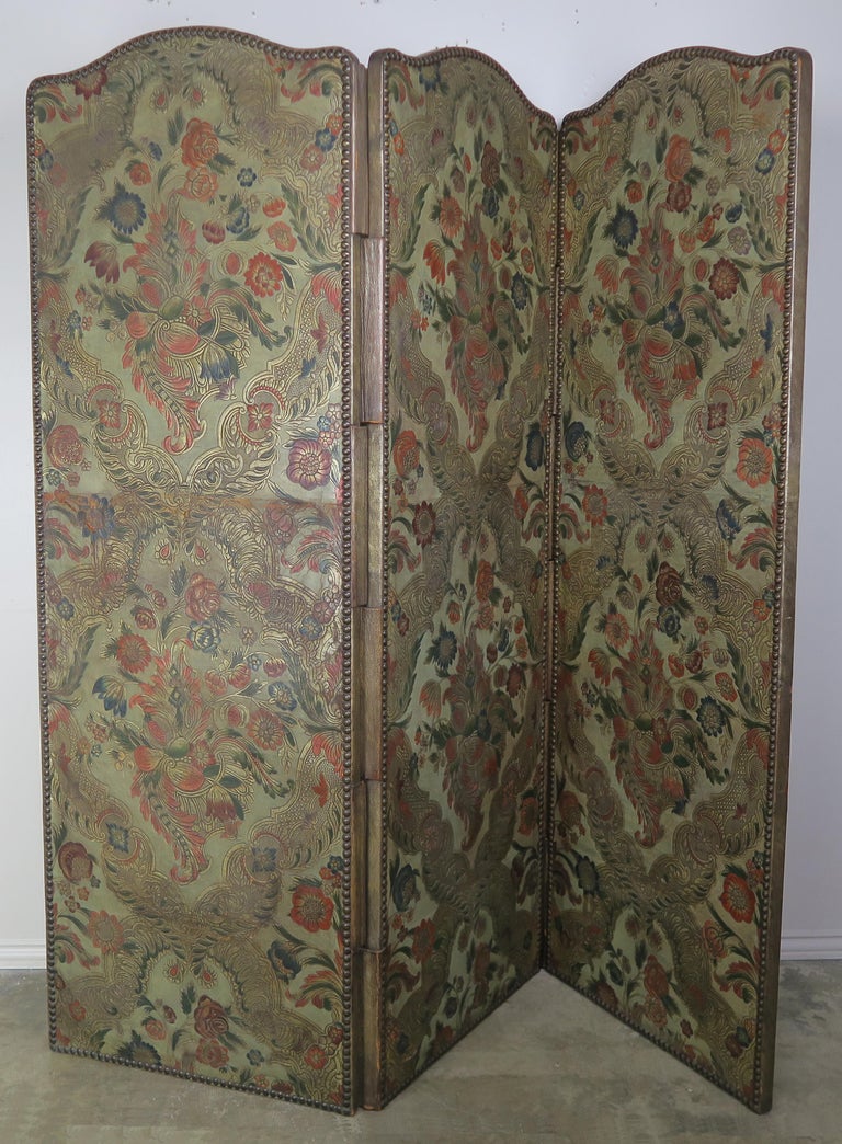 19th Century Embossed Three-Panel Leather Screen at 1stDibs