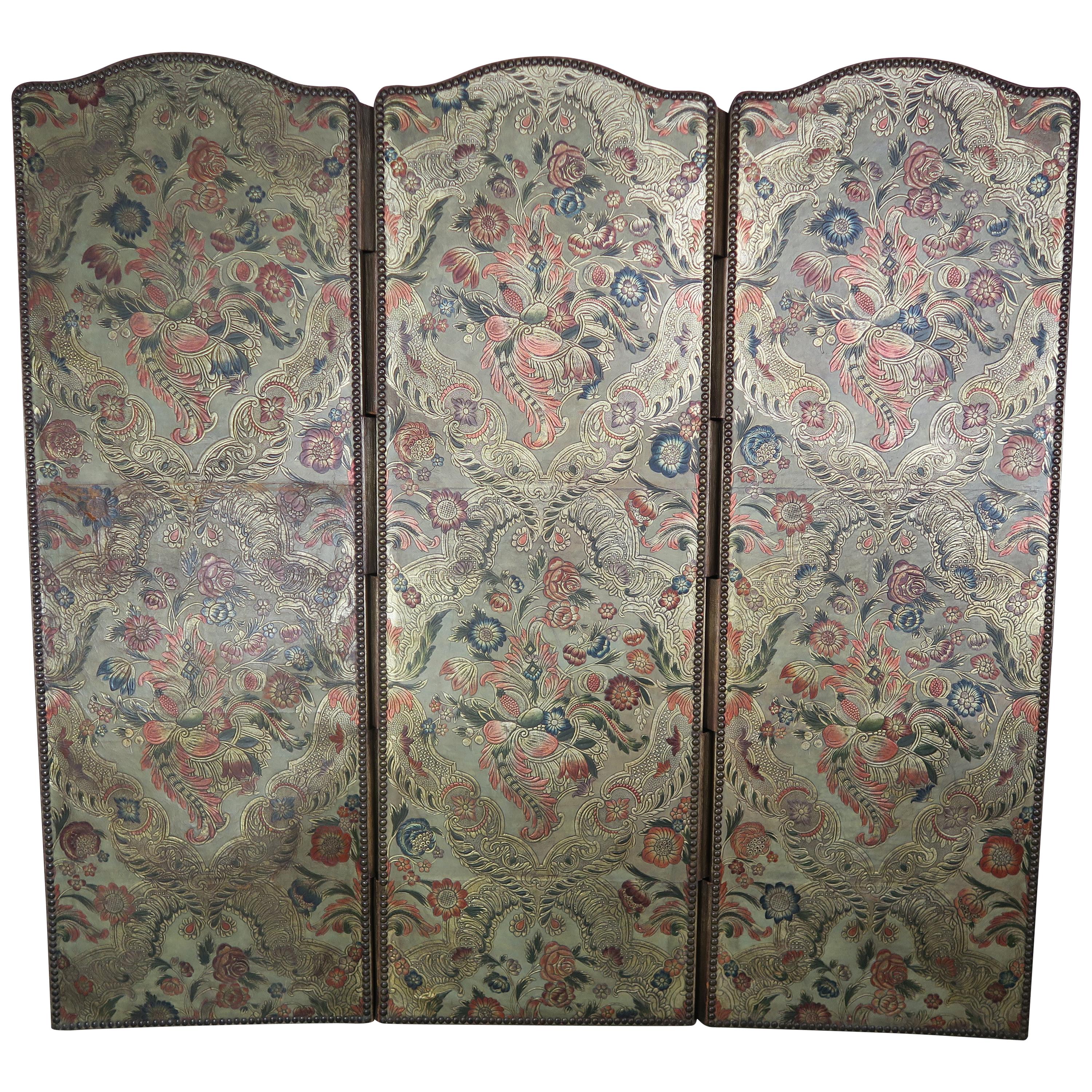 19th Century Embossed Three-Panel Leather Screen at 1stDibs