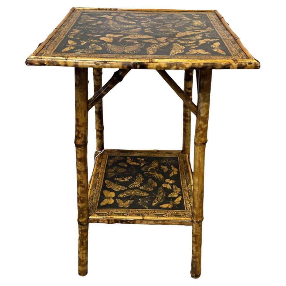 Antique Bamboo Side Table with Decoupage at 1stDibs