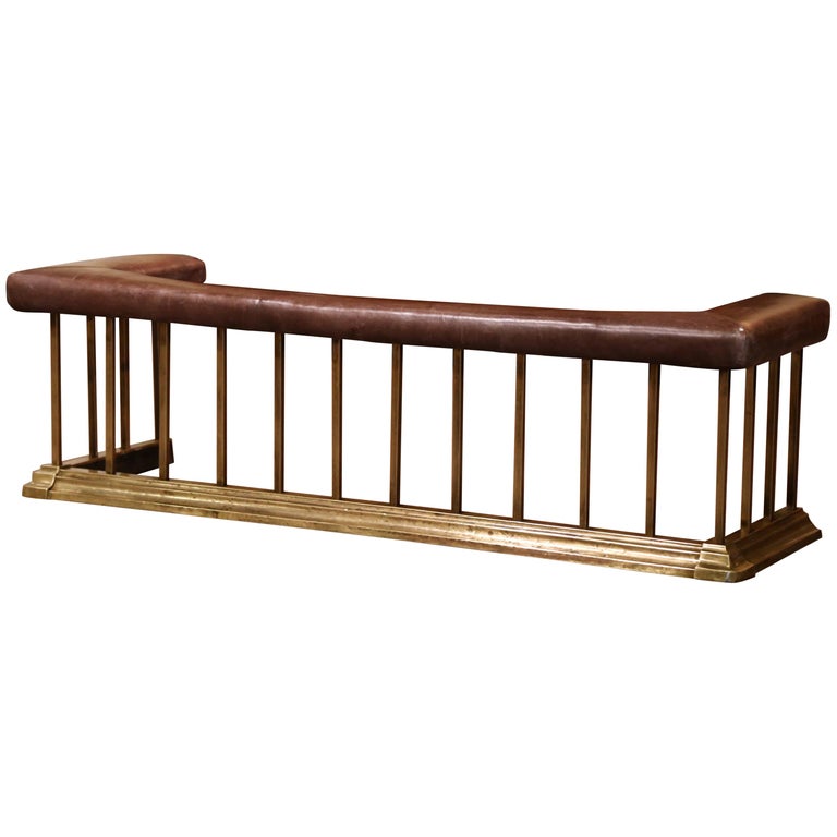 19th Century English Brass and Leather Fireplace Club Fender at 1stDibs