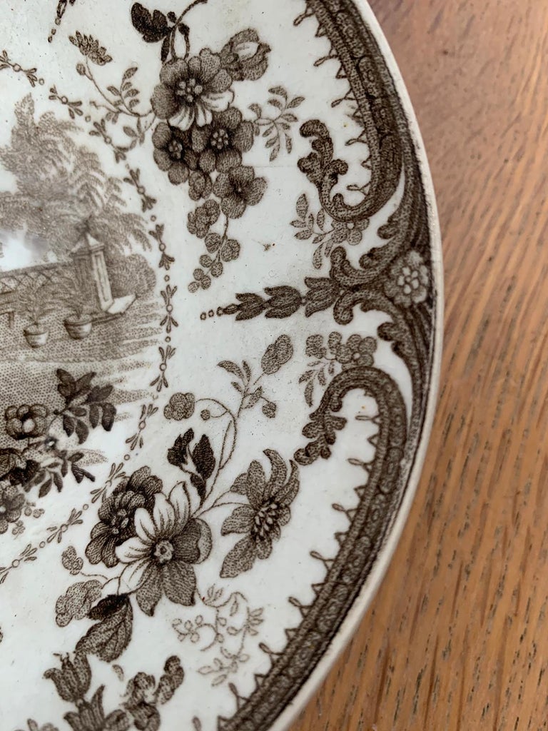 19th Century English Brown Transferware Porcelain Cup and Saucer with ...