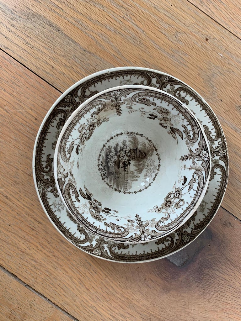 19th Century English Brown Transferware Porcelain Cup and Saucer with ...