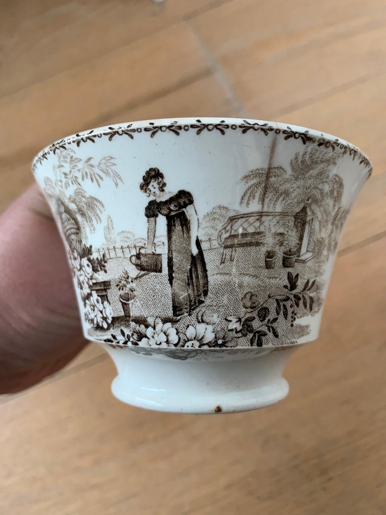 19th Century English Brown Transferware Porcelain Cup and Saucer with ...