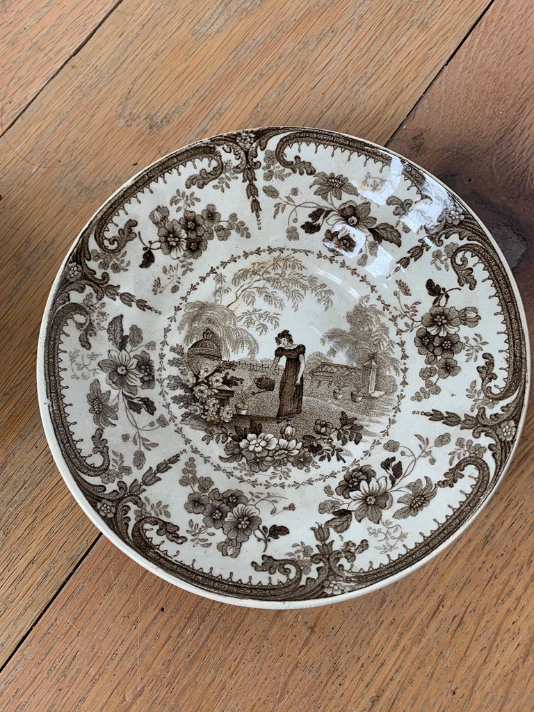 19th Century English Brown Transferware Porcelain Cup and Saucer with ...
