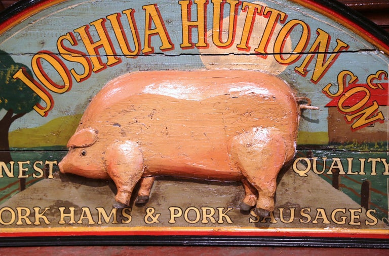 19th Century English Carved and Painted Butcher Hanging Sign with Pig ...