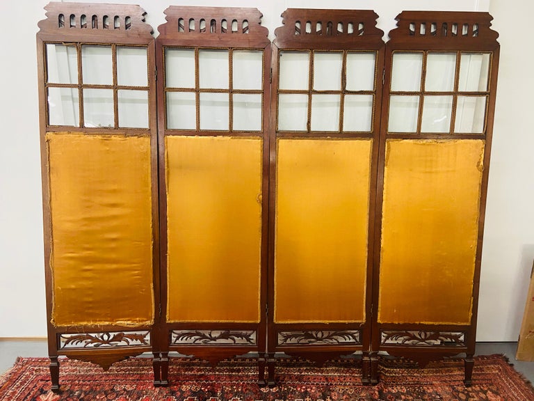 19th Century English Carved Mahogany and Glass Four-Panel Room Divider ...