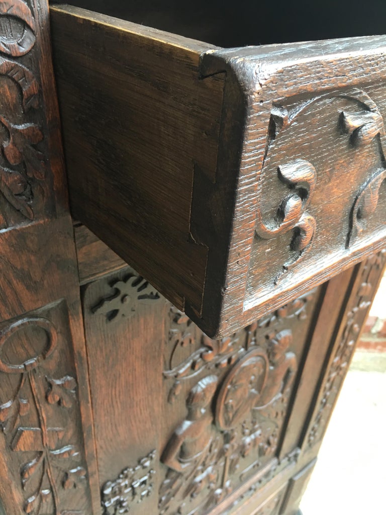 19th century English Carved Oak Renaissance Gothic Cabinet Bronze Stand ...