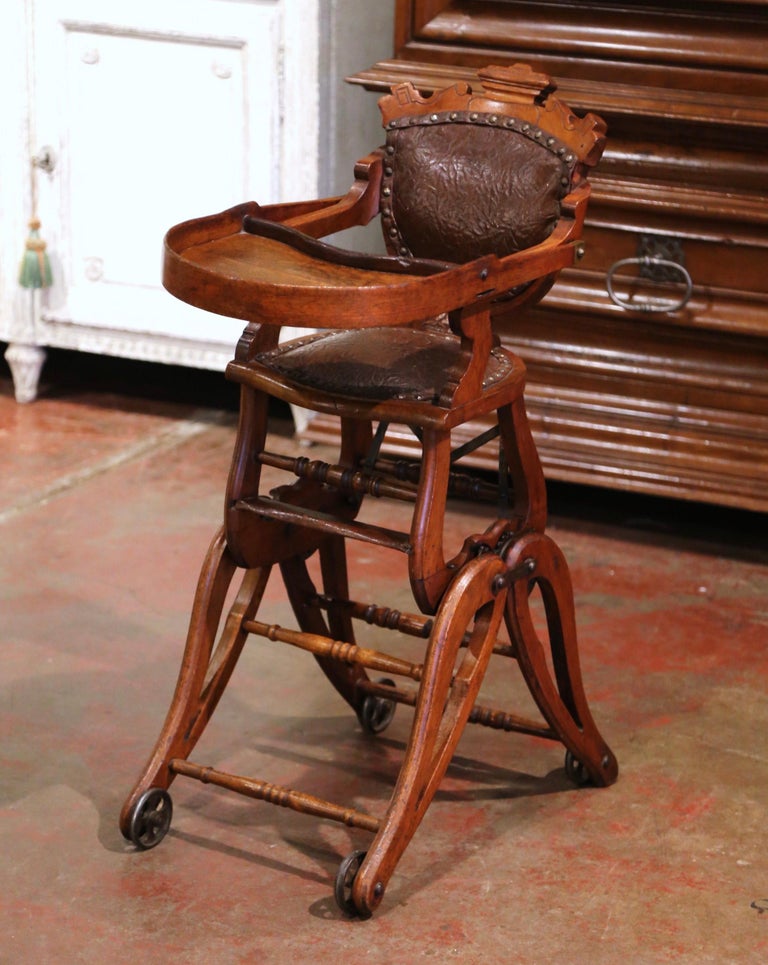 19th Century English Carved Walnut and Leather Adjustable High Chair ...
