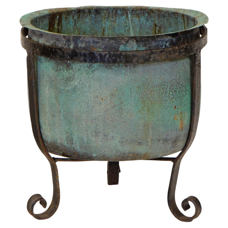 19th Century English Copper Verdigris Planter On Wrought Iron Stand For ...