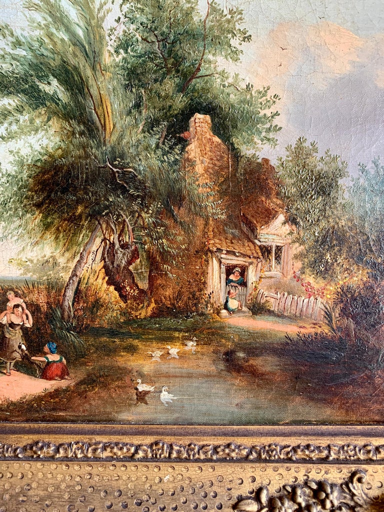 Unknown - 19th century English Folk Art Cottage landscape with figures ...