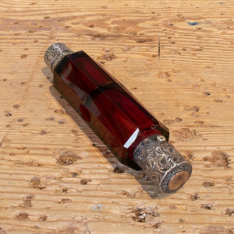 19th Century English Glass and Silver Perfume Bottle with Crown and ...