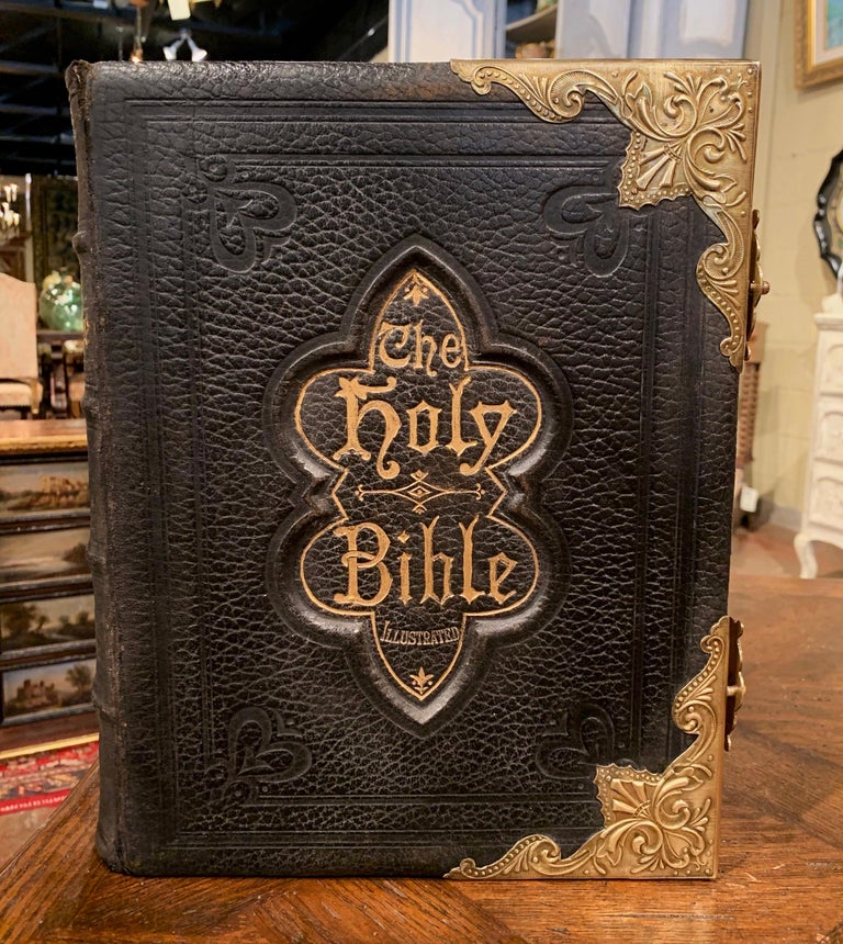 19th Century English Leather Bound and Brass Locks Family Holy Bible at ...
